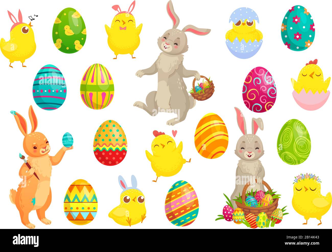 Easter bunny eggs. Cute rabbit, spring chicks and colorful egg vector ...