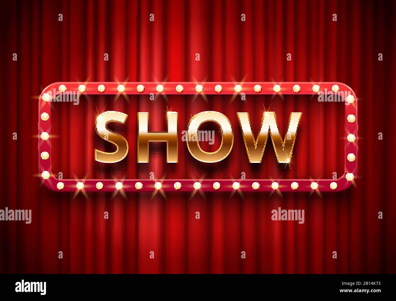 Theater show label. Festive stage lights shows, golden text on red ...