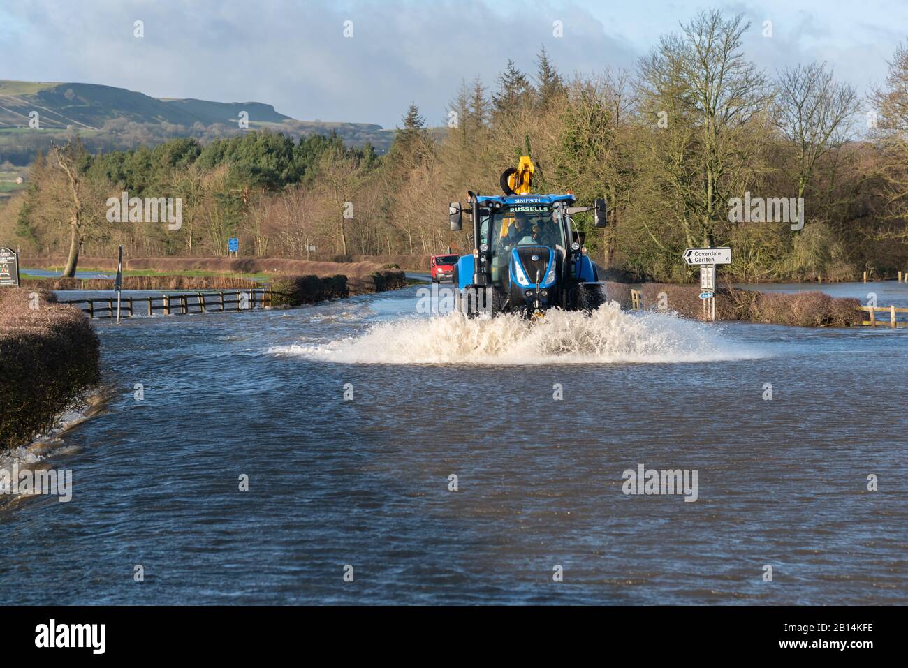 Flooded road , the A684, at Wensley in North Yorkshire Stock Photo - Alamy