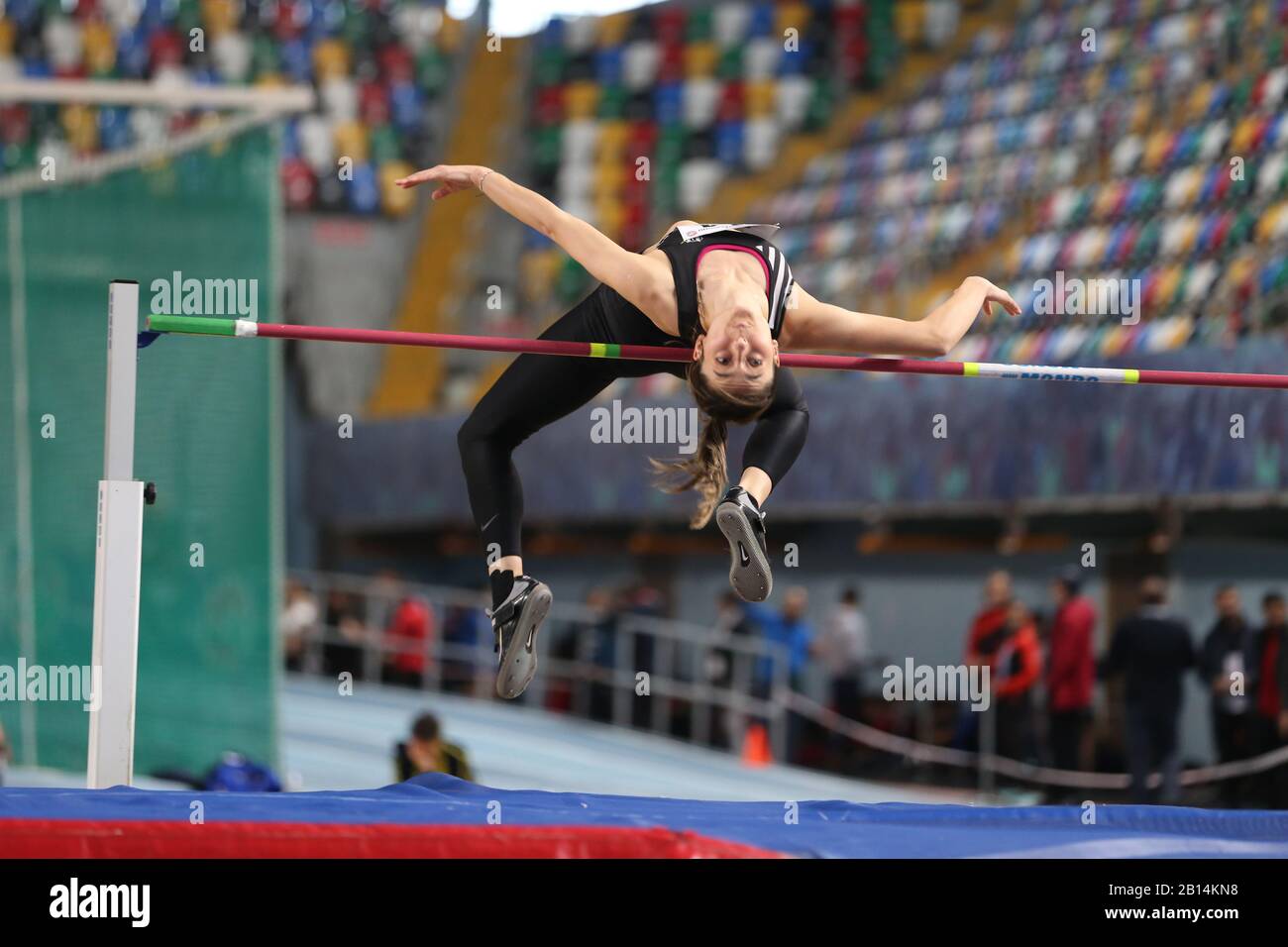 ISTANBUL, TURKEY - FEBRUARY 02, 2020: Undefined athlete high jumping ...
