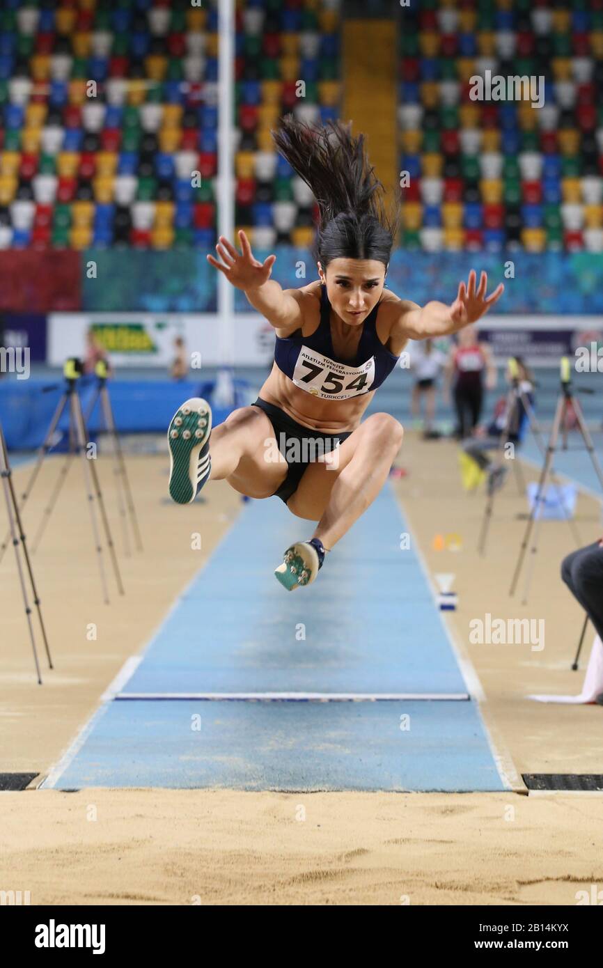 ISTANBUL, TURKEY - FEBRUARY 02, 2020: Undefined athlete long jumping ...