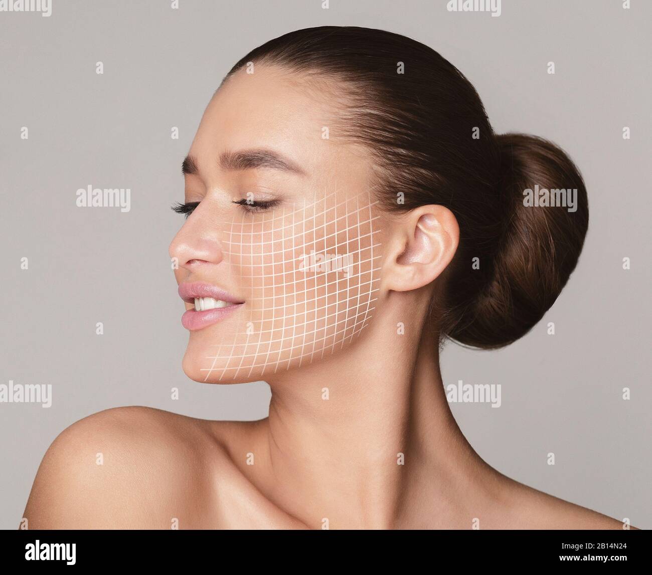 Woman portrait with graphic lines, facial lifting effect on skin Stock ...