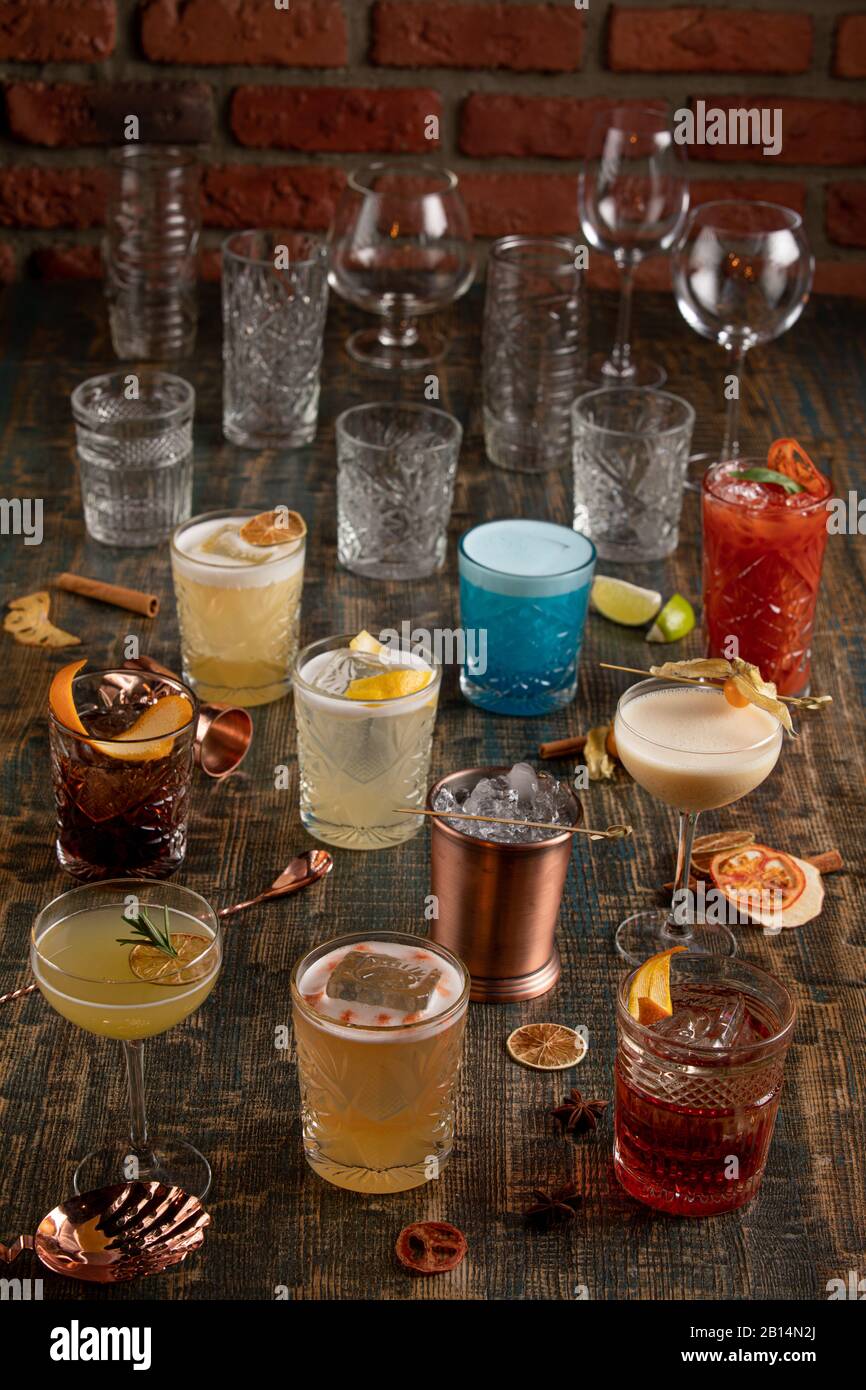 Many different multi-colored cocktails with different colors Stock ...