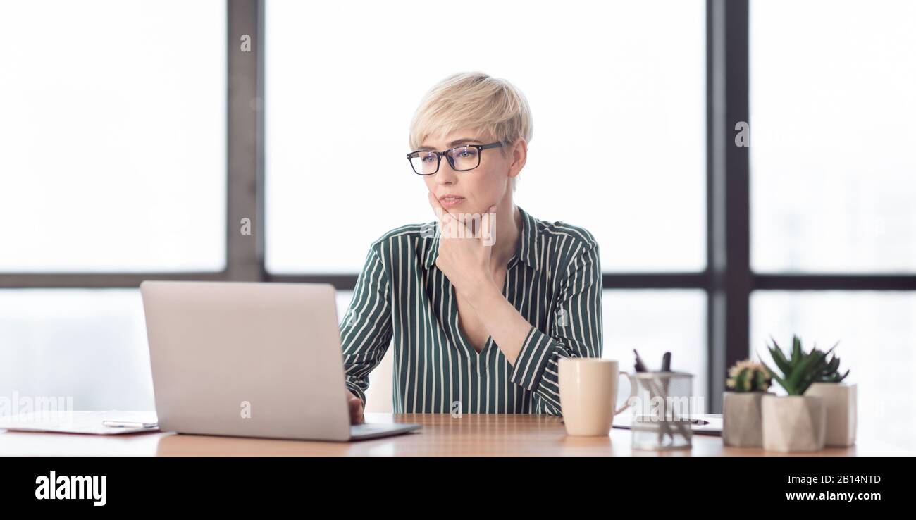 Serious Lady At Laptop Working Sitting In Modern Office, Panorama Stock ...