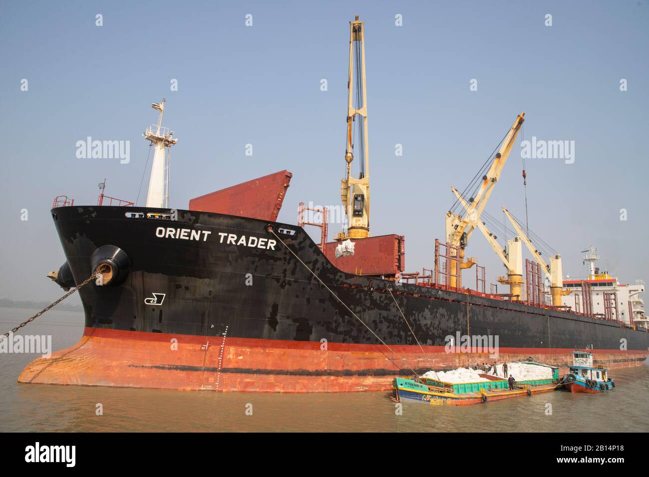 Foreign cargo vessel anchored on the Poshur River near the Mongla Sea ...