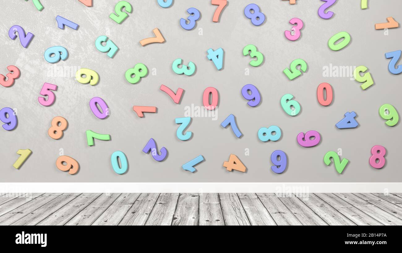 3D Colorful Numbers Against Wall in a Wooden Floor Room Stock Photo - Alamy