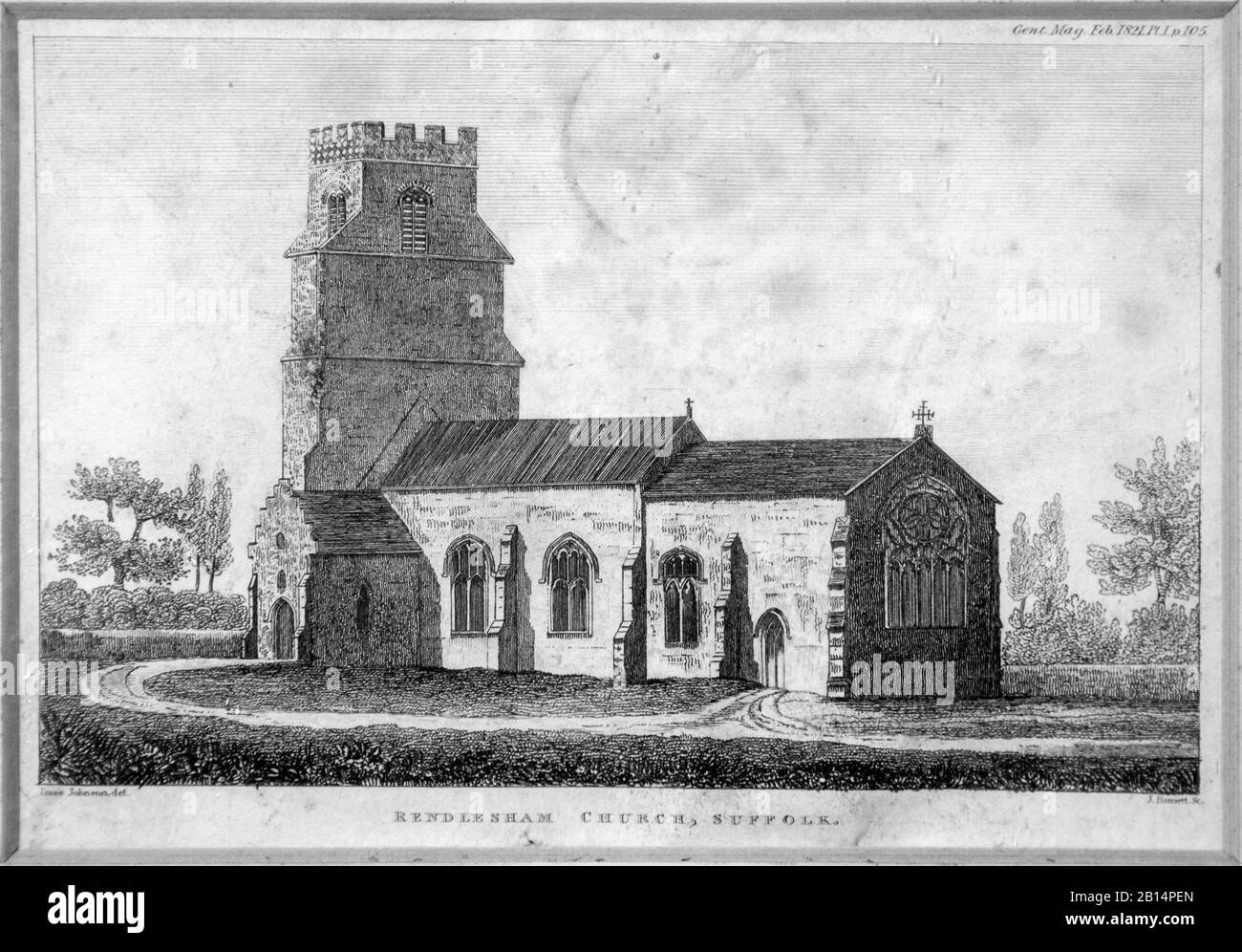 Old engraving of village parish church Rendlesham, Suffolk, England, UK ...