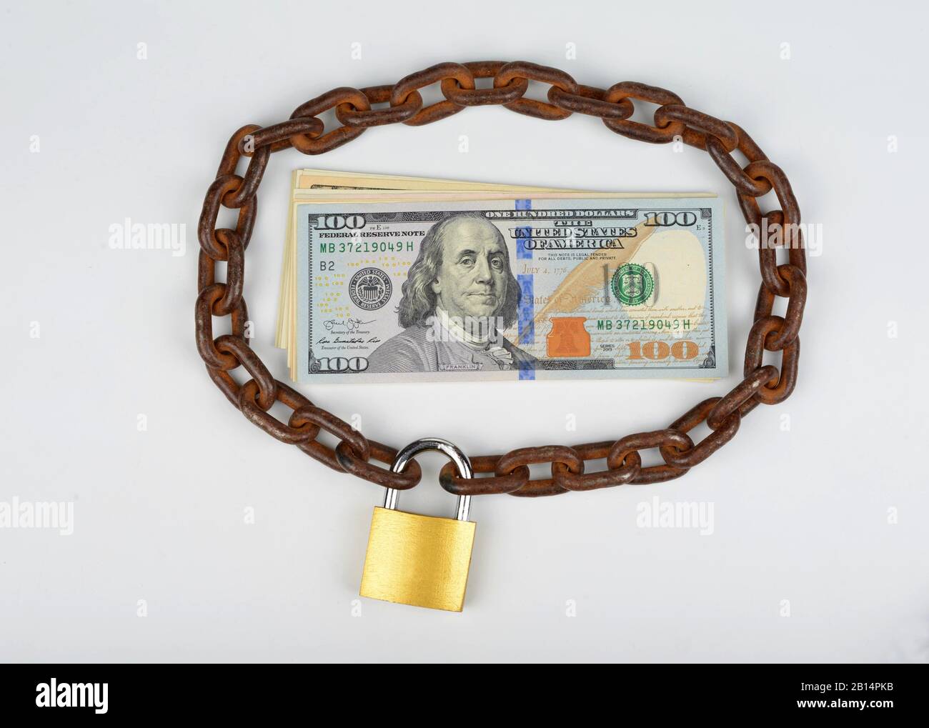 Chain with padlock around cash money. Safe deposit concept Stock Photo ...