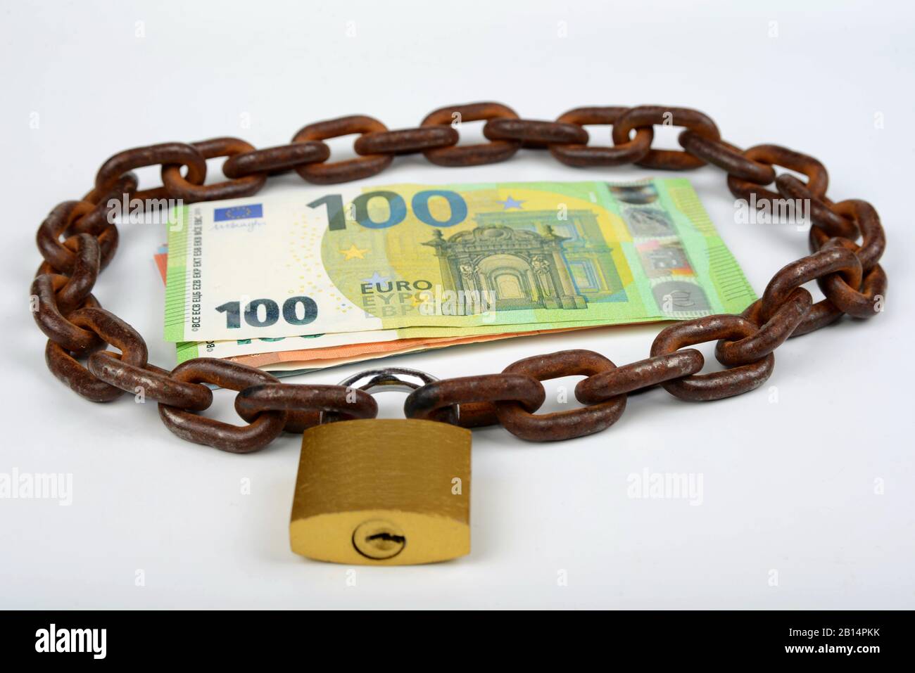Chain with padlock around cash money. Safe deposit concept Stock Photo ...