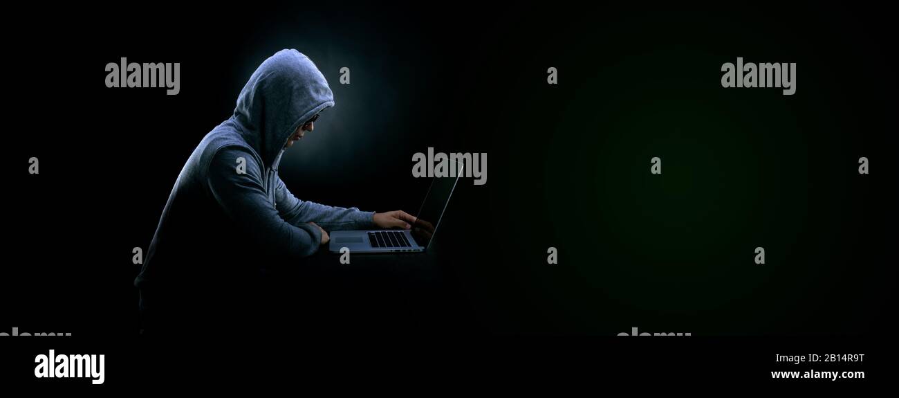 a hacker in a hood in profile sits at a laptop, panoramic mock-up with space for text Stock ...