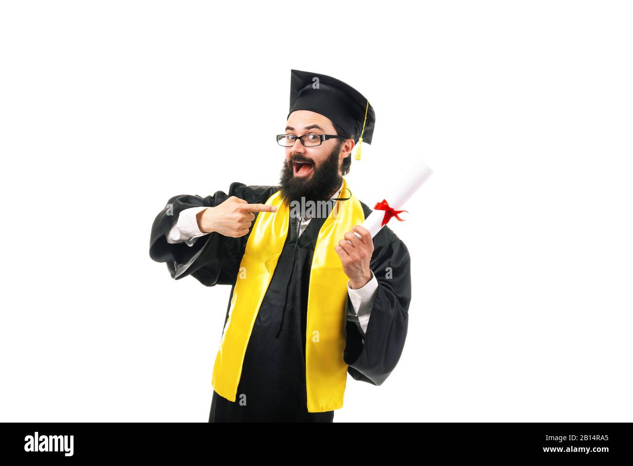 happy graduate pointing at diploma isolated on white background ...
