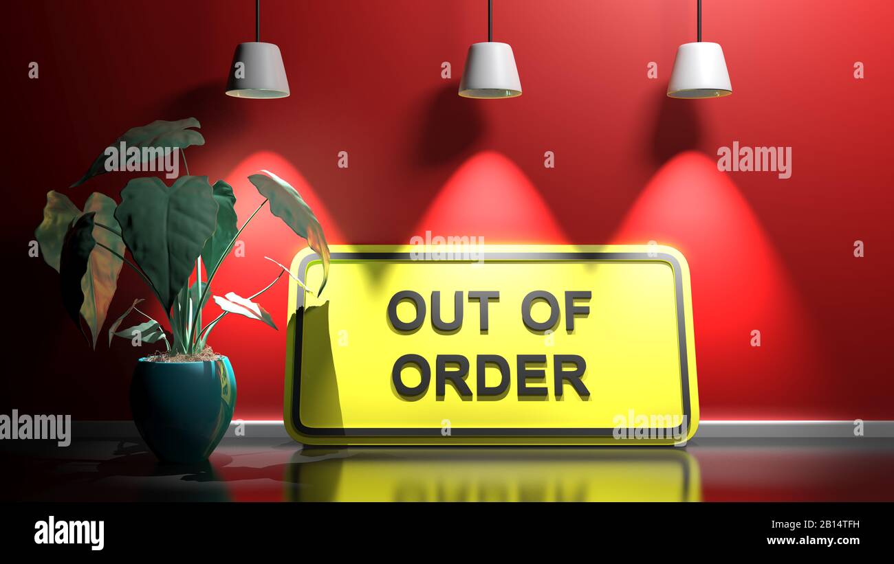 Yellow sign OUT OF ORDER at red bricks wall - 3D rendering illustration ...