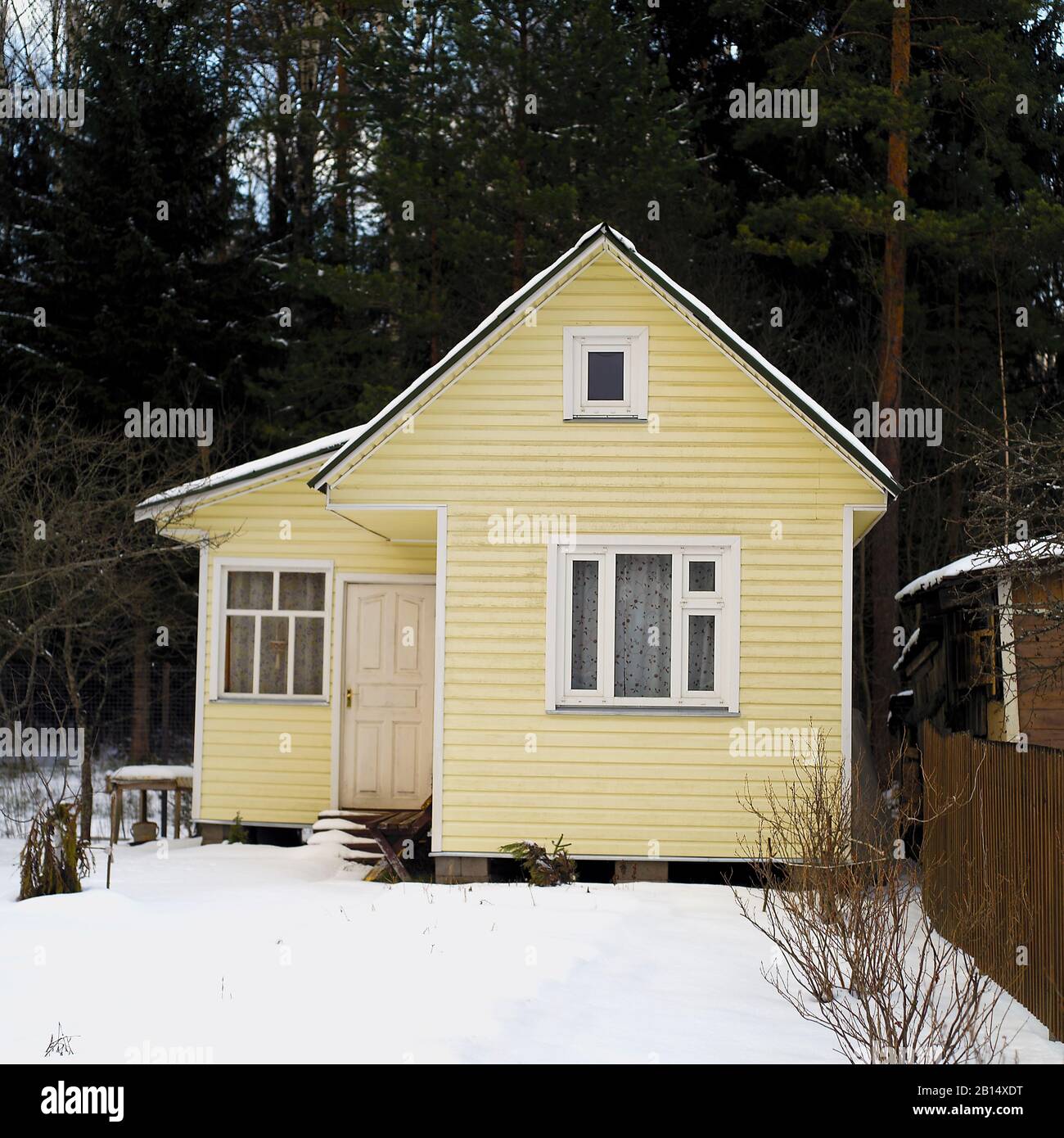 Old small house cladding with PVC, winter scene, a forest in the ...