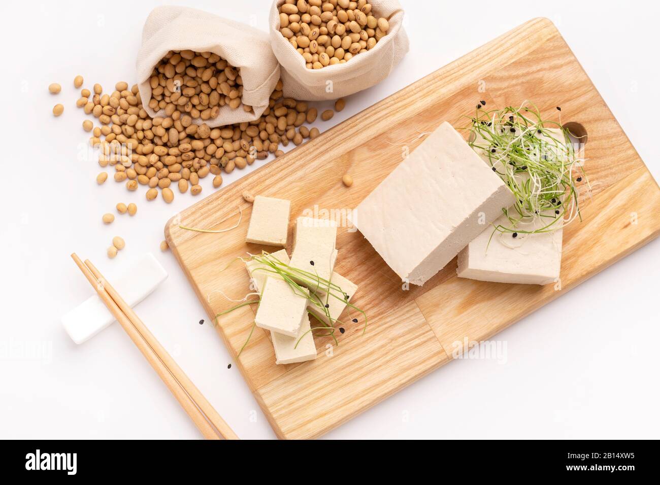 Alternative food. Soybean cheese Tofu with fresh Microgreens Stock ...