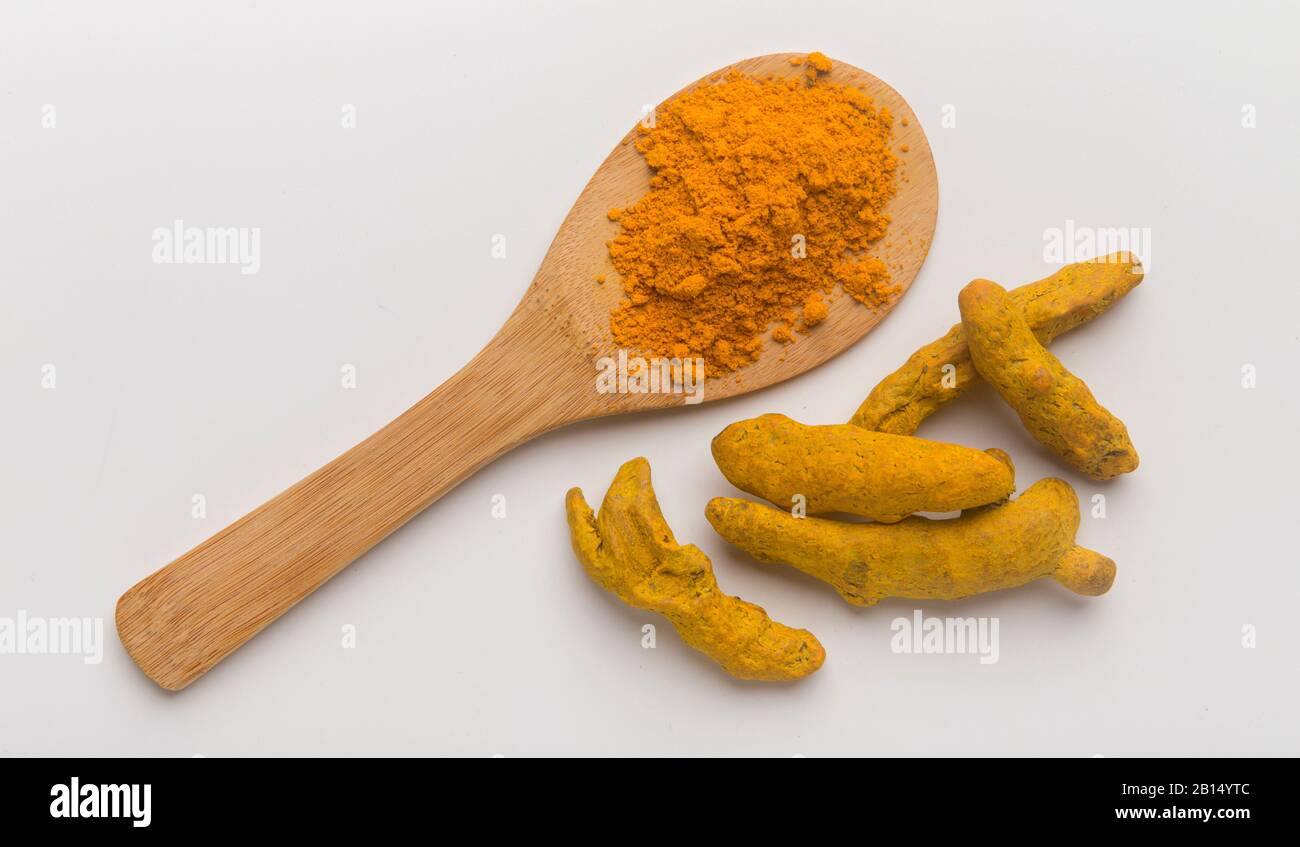 Close up Turmeric, Curcuma longa Linn, rhizome and spoon Stock Photo ...