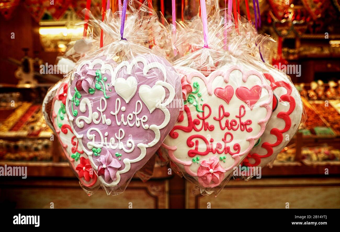 MUNICH, GERMANY - Traditional gingerbread hearts with sugar decorations ...