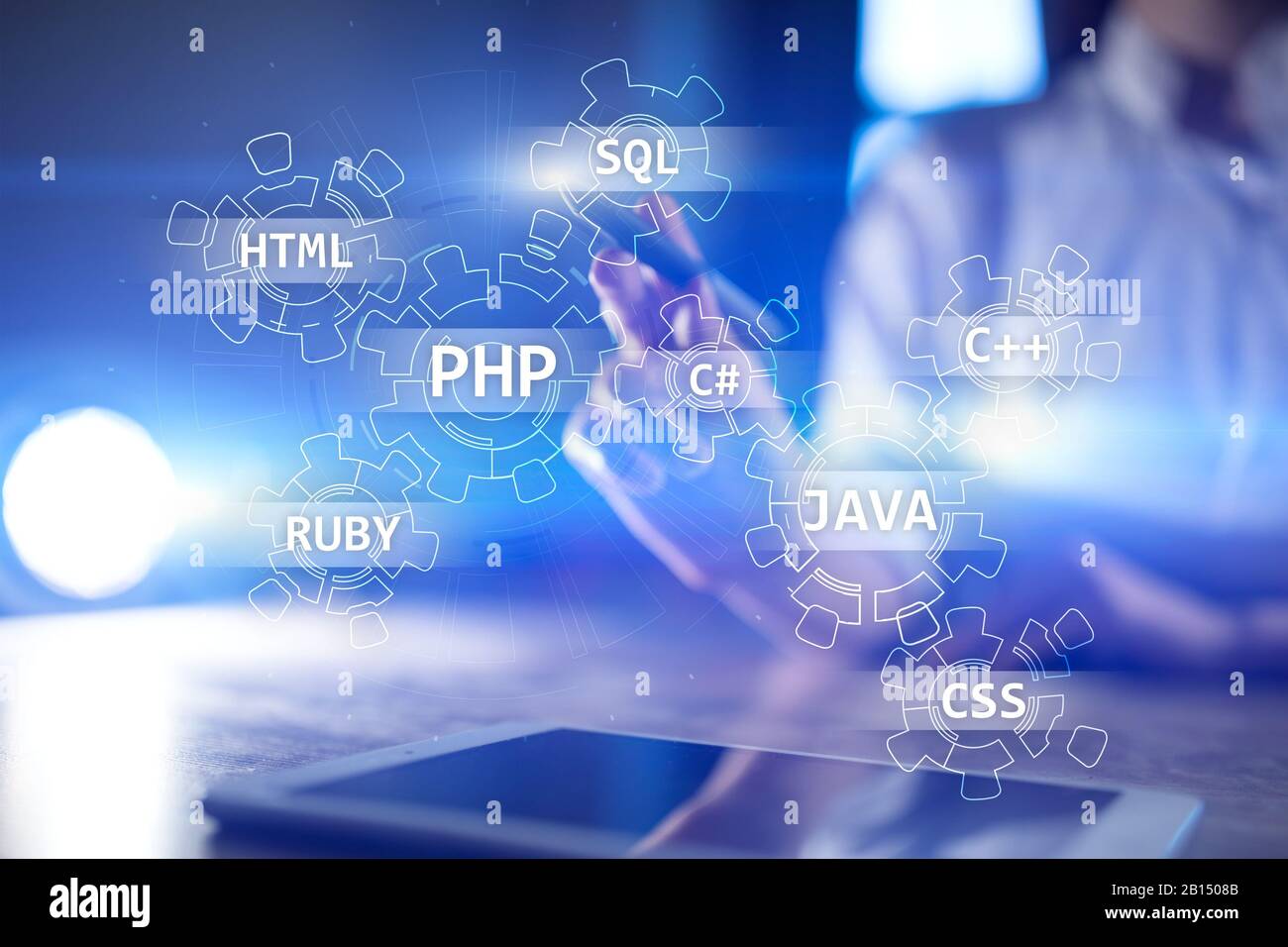 Web development tools concept on virtual screen. Programming language ... Web development tools concept on virtual screen. Programming language ...