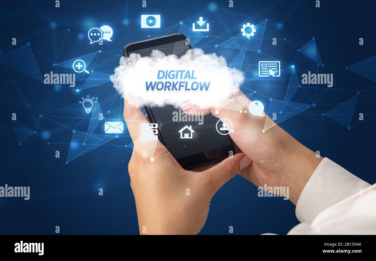 Female hand holding smartphone with DIGITAL WORKFLOW inscription, cloud ...