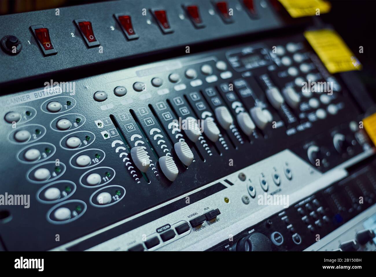 Audio music mixer console on black background. Sound studio mixing desk ...