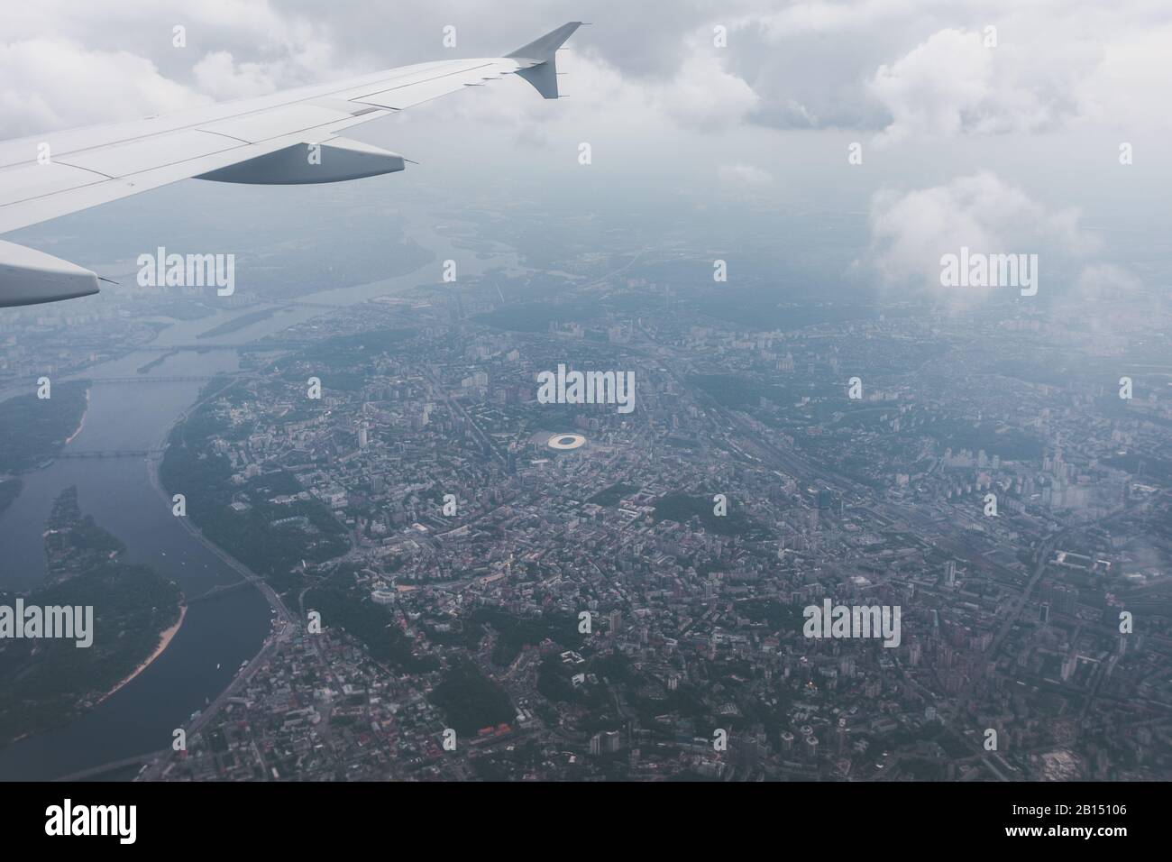 Kiev city with airplane window, Ukraine Stock Photo - Alamy