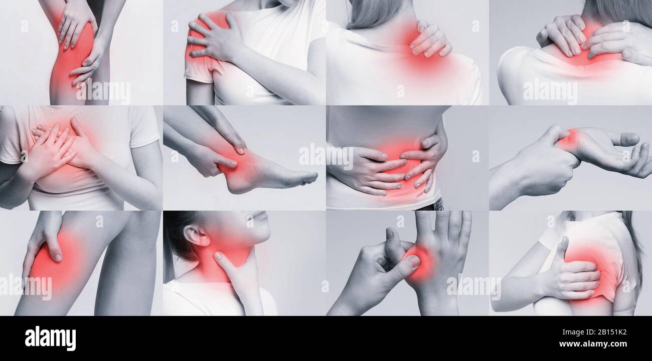 Healthcare concept. Collage with woman suffering from pain in different ...