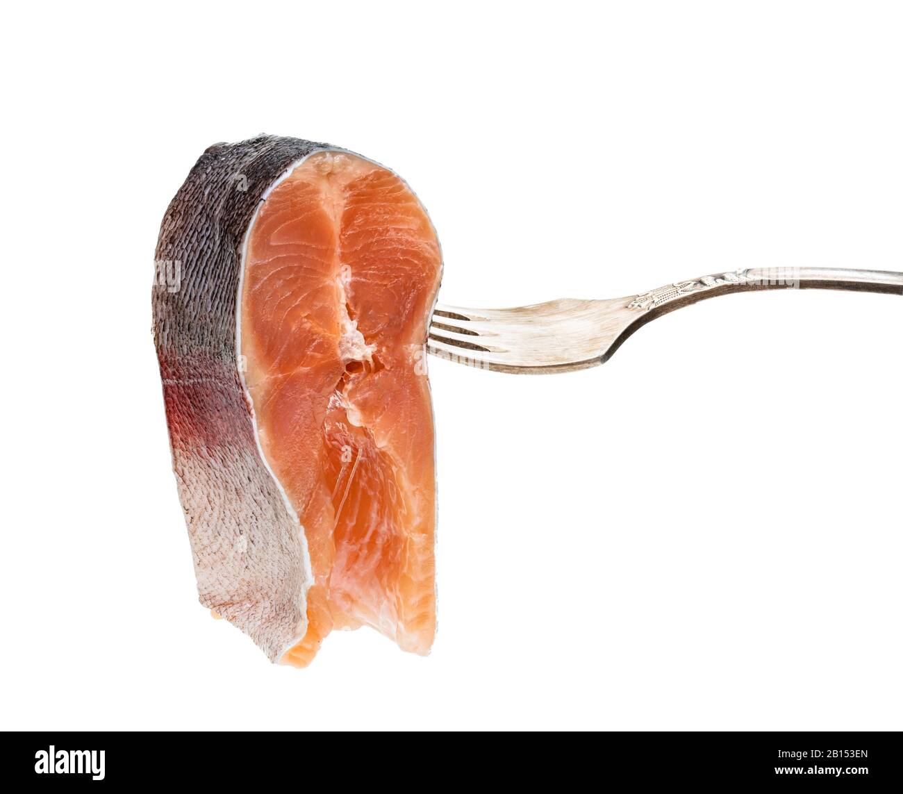 Salted slice of rainbow trout on a fork isolated on white Stock Photo ...