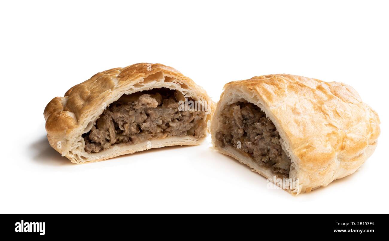 Homemade flaky pasty with mince meat filling isolated on white Stock ...