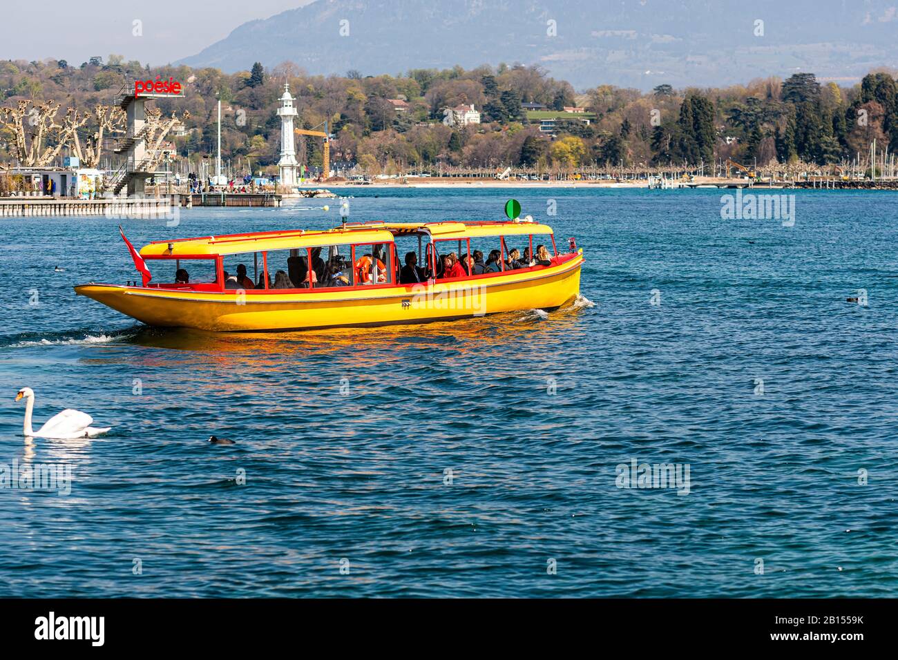 Geneva, Switzerland - April 14, 2019: View of a yellow and red Mouettes ...