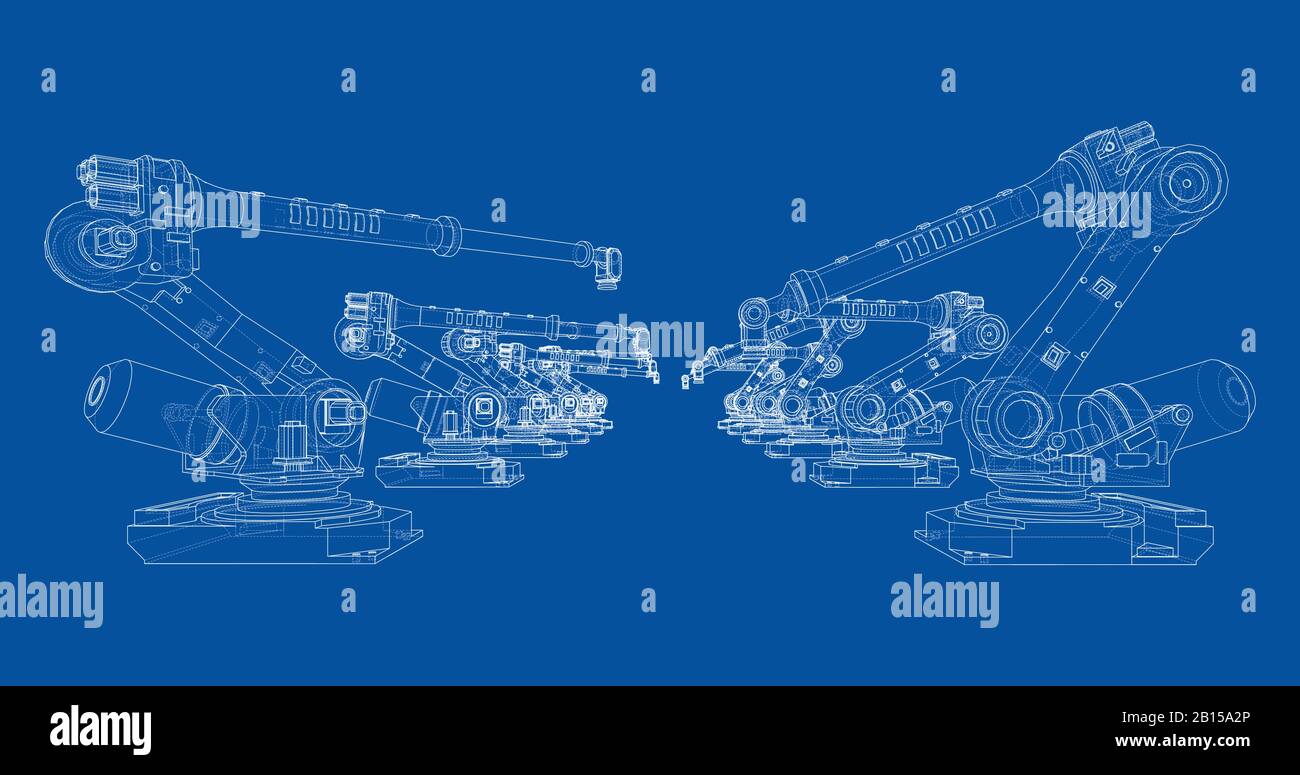 A industral robots manipulators. Blueprint style. Vector rendering from ...