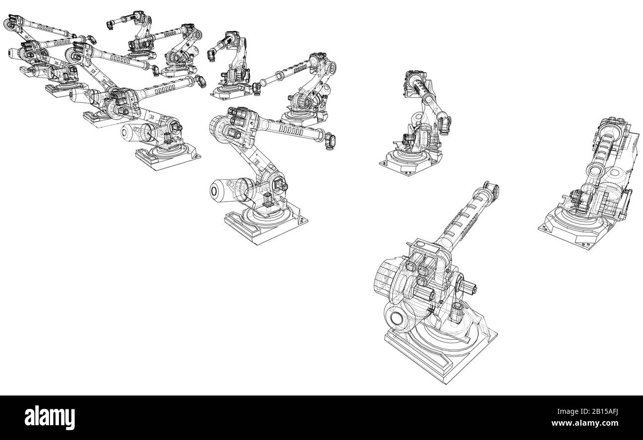 A industral robots manipulators. Blueprint style. Vector rendering from ...