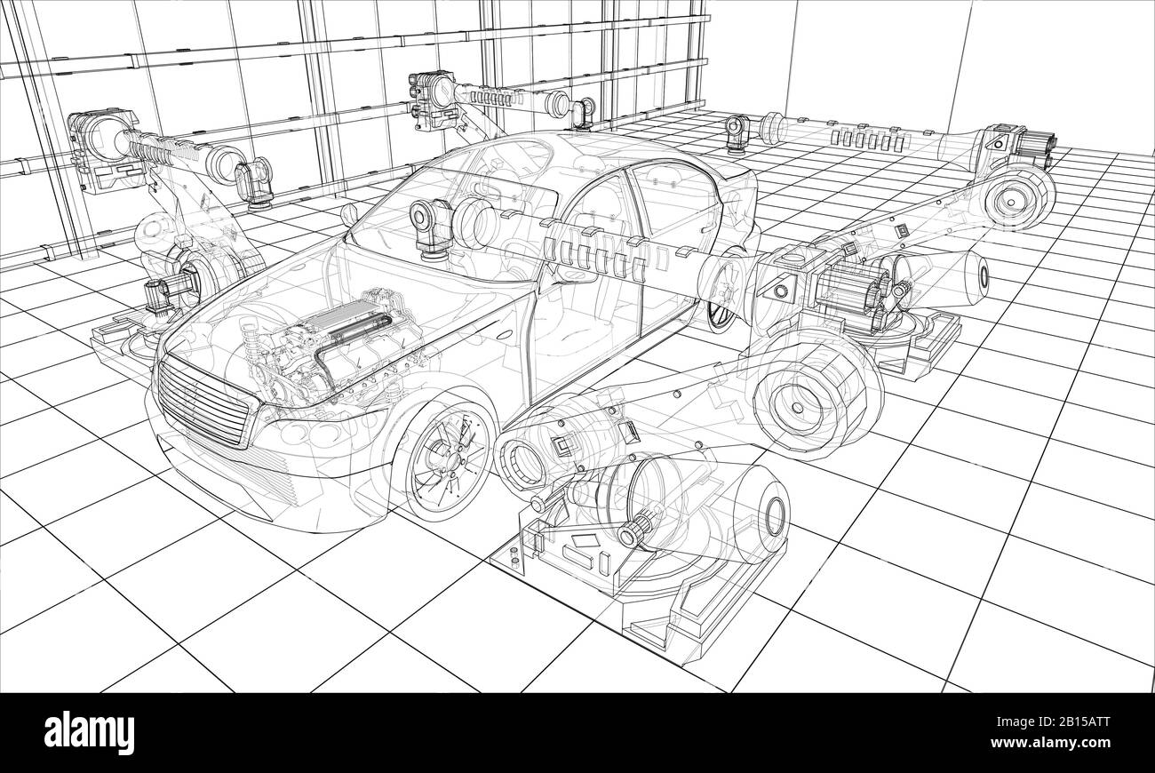 Assembly of motor vehicle. Robotic equipment makes Assembly of car ...