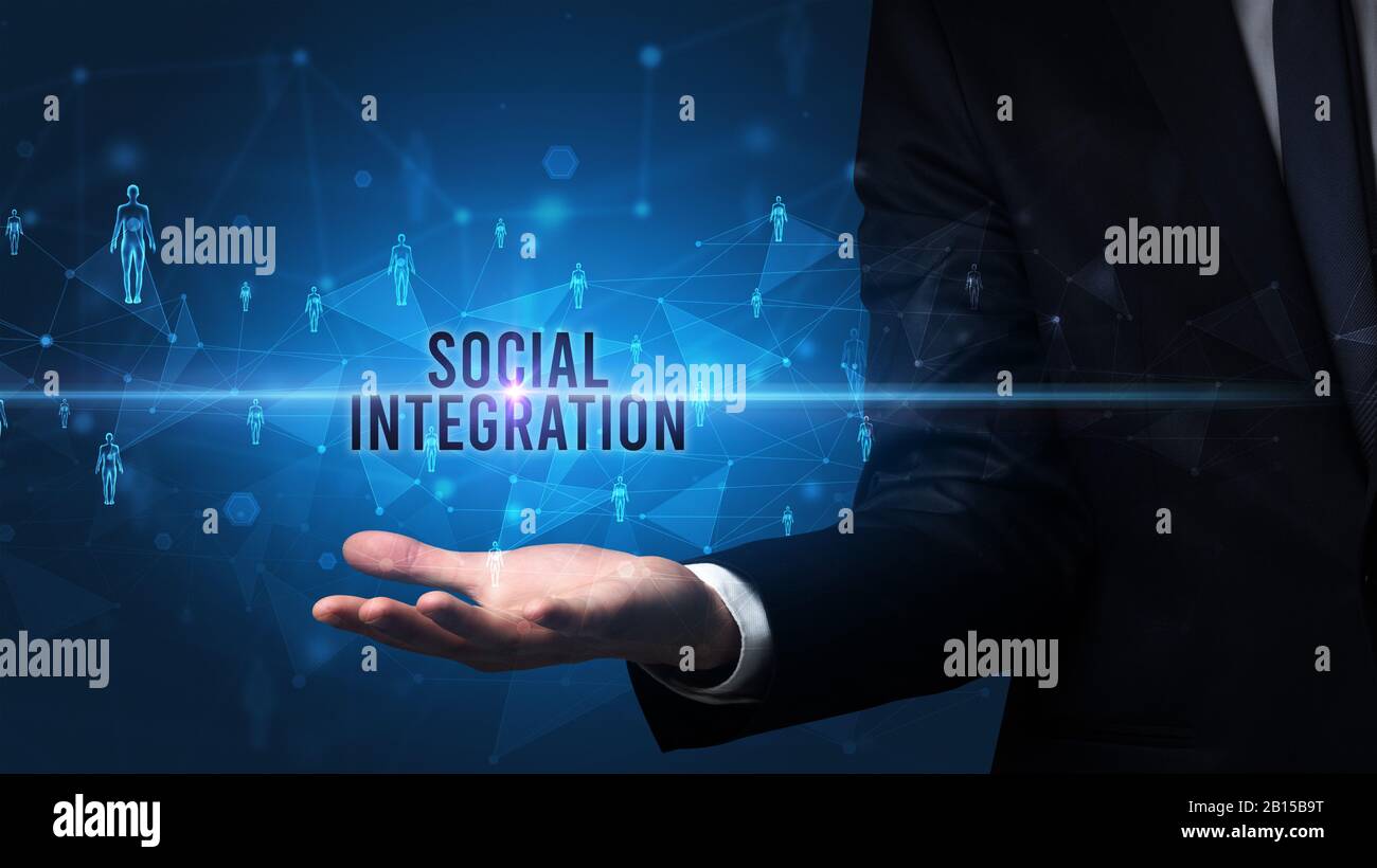 Elegant hand holding SOCIAL INTEGRATION inscription, social networking ...