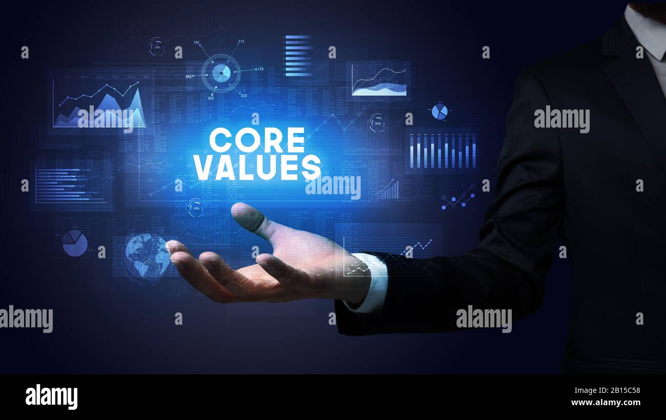Hand of Businessman holding CORE VALUES inscription, business success ...