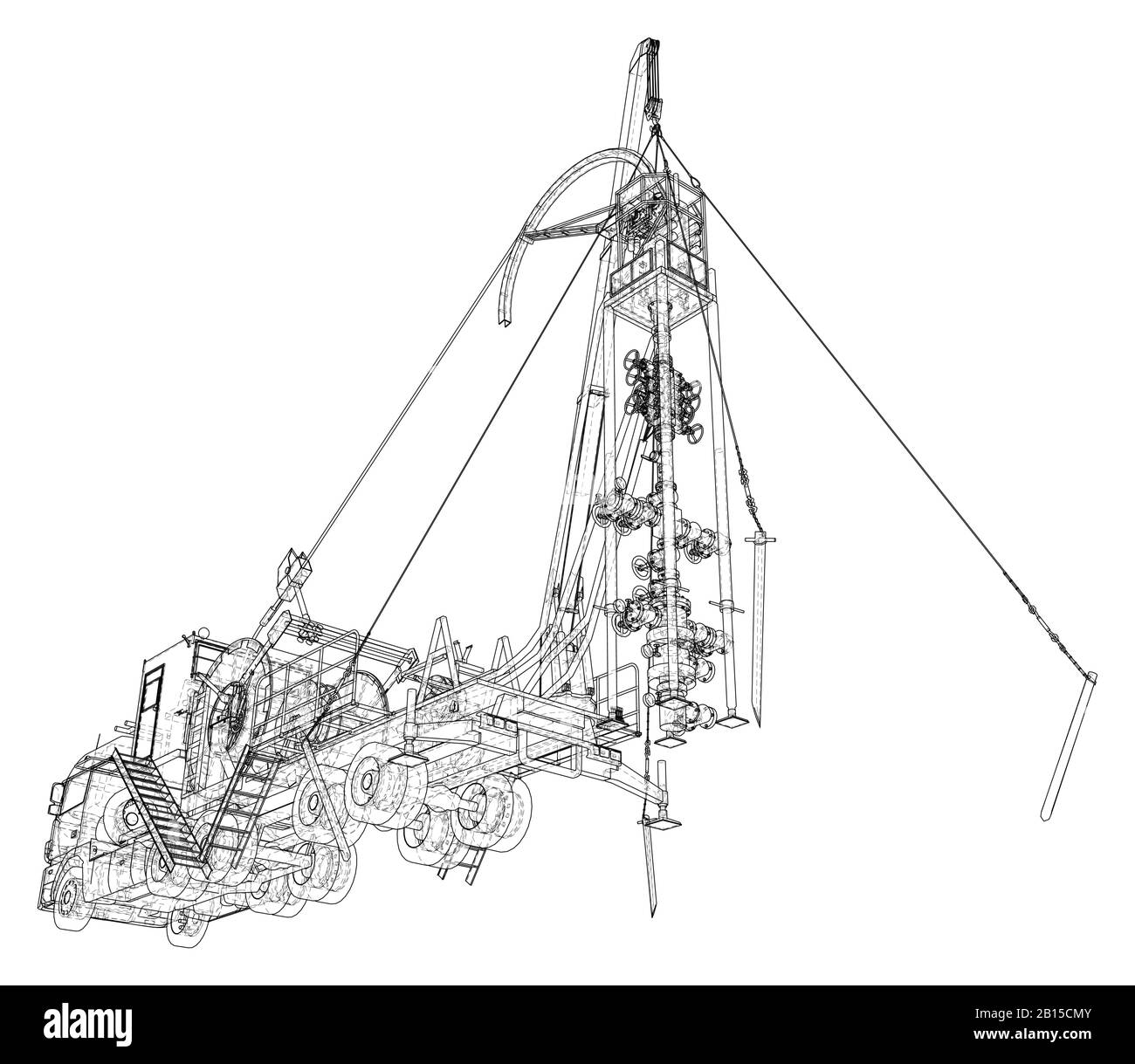 Wire-frame line coiled tubing truck isolated on white. Vector rendering ...