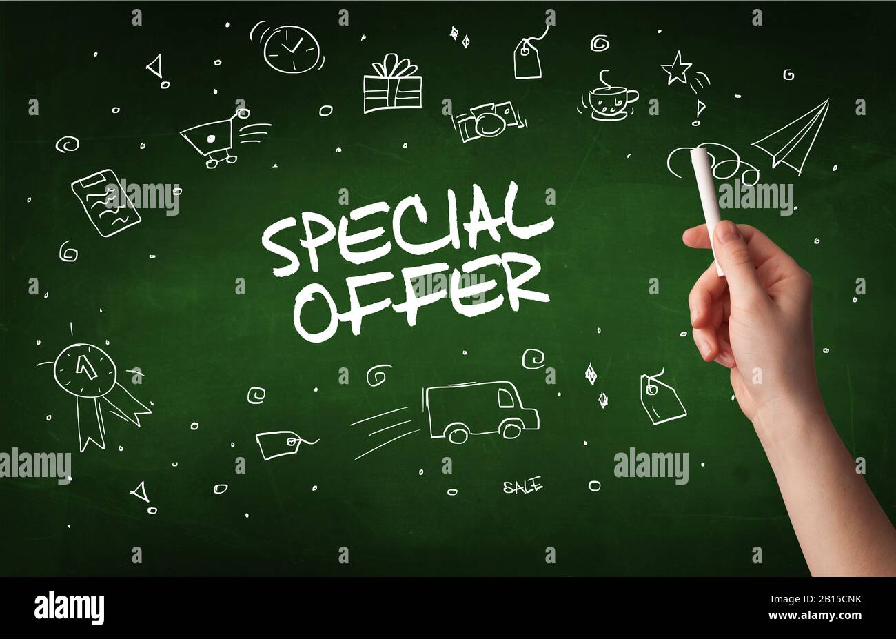 Hand drawing SPECIAL OFFER inscription with white chalk on blackboard ...