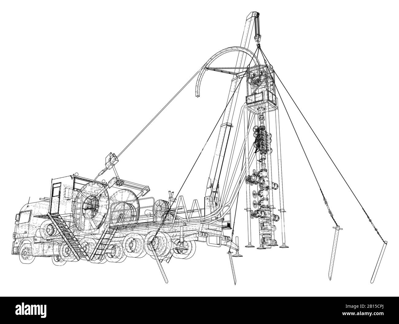 Wire-frame line coiled tubing truck isolated on white. Vector rendering ...