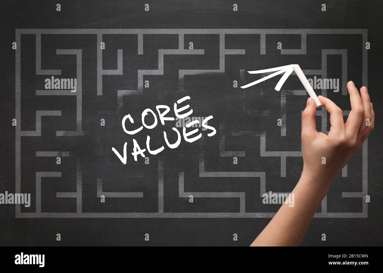 Hand drawing CORE VALUES inscription with white chalk on blackboard ...