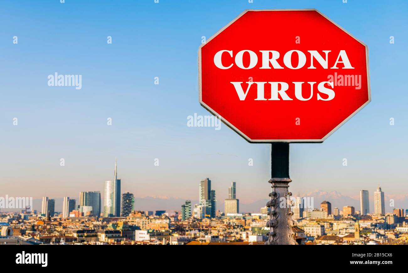 Coronavirus stop sign with Milan, Italy skyline in background Stock ...