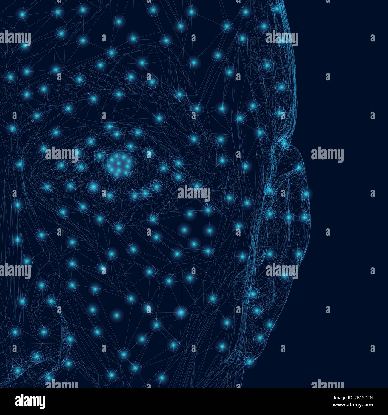 Wireframe of the polygonal face of a person from blue lines with ...