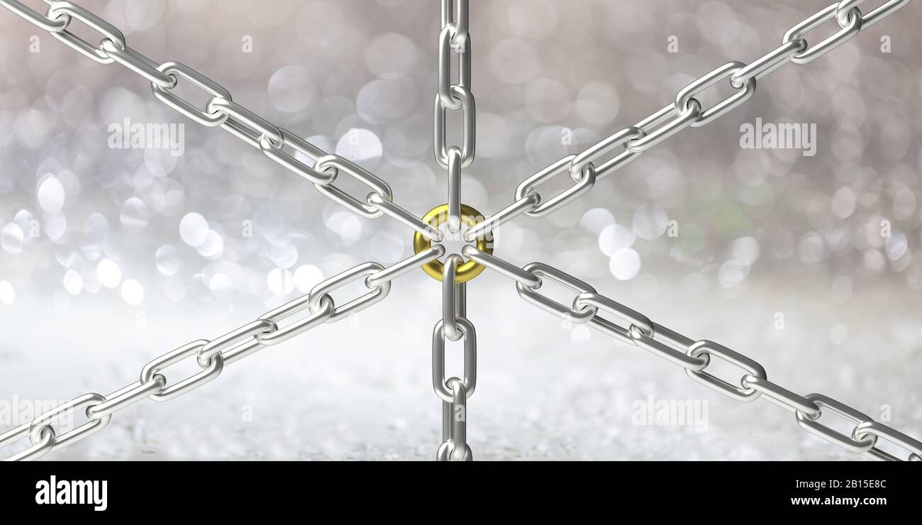 Chains connected with one gold link against white background. Central ...