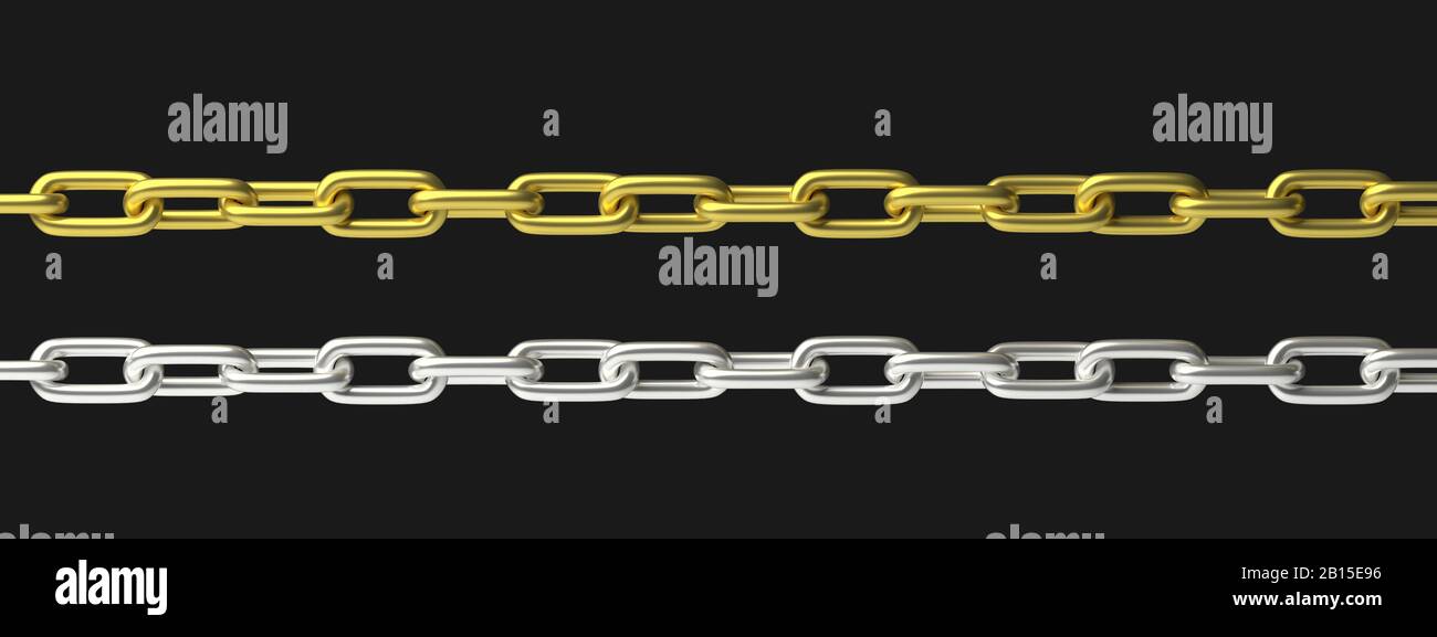 Chains set, gold and silver chain isolated cutout against black ...