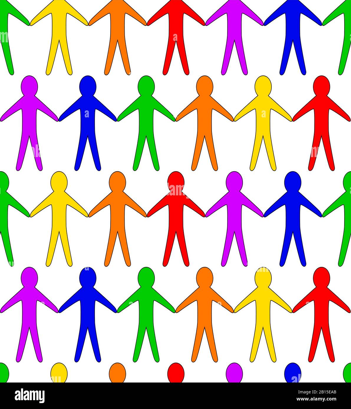 A collection of paper cutout people holding hands made from the LGBT rainbow colours as a ...