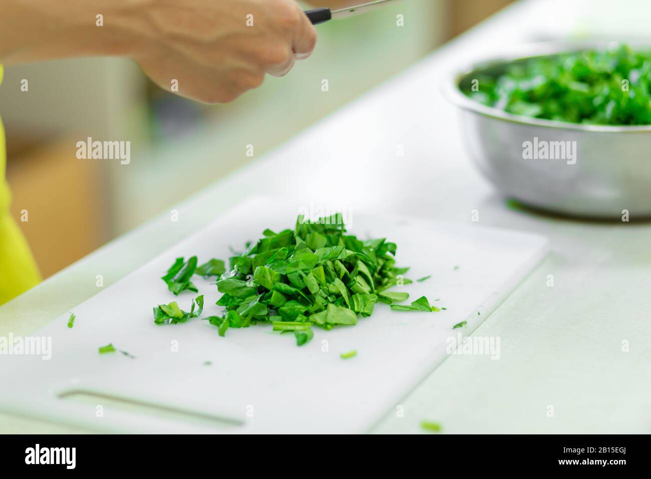Woman cooking cuts spinach hi-res stock photography and images - Alamy