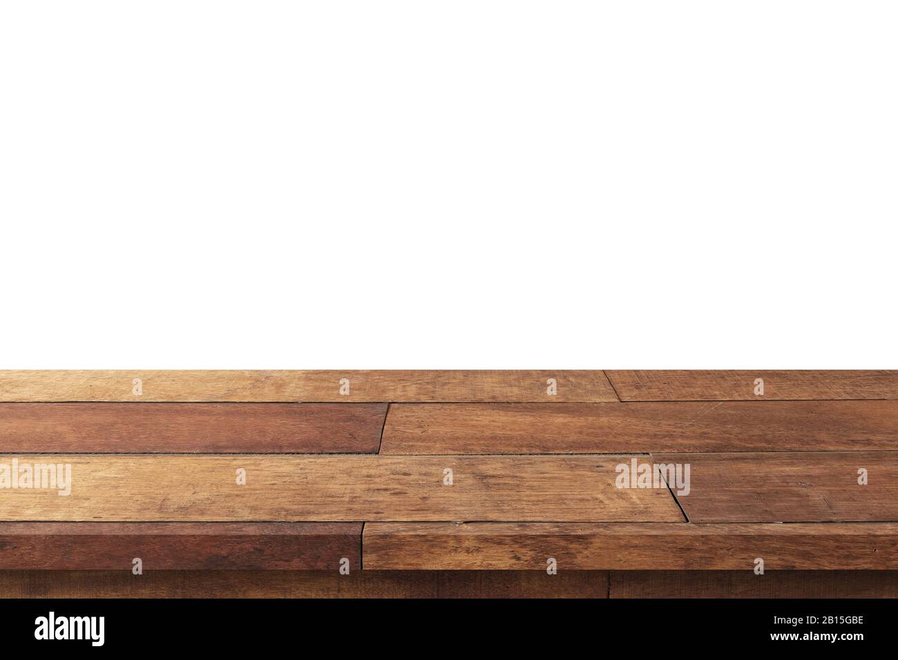 Empty wood table on isolate white background and display montage with ...