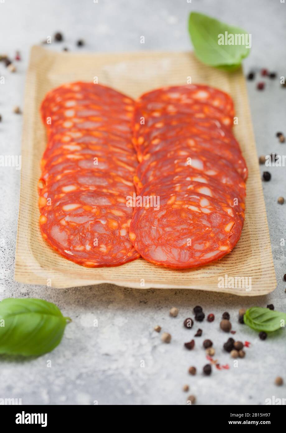 Pack of dry-cured chorizo sausage slices with a distinctive spicy ...