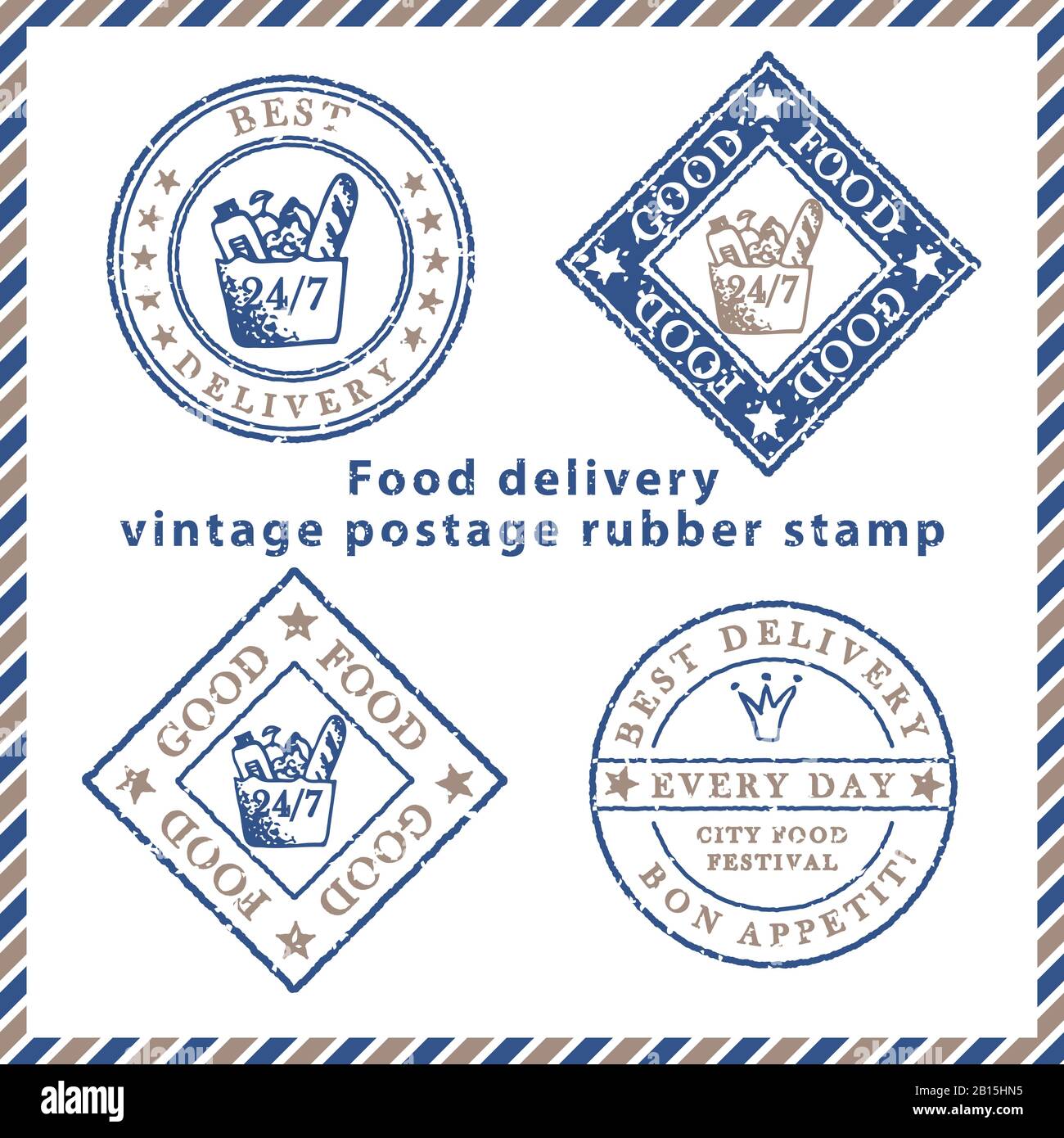 Set of vintage textured grunge food delivery rubber stamps with meal ...