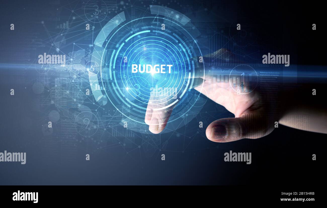 Hand touching BUDGET button, modern business technology concept Stock ...