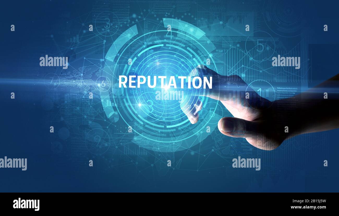 Hand touching REPUTATION button, modern business technology concept ...