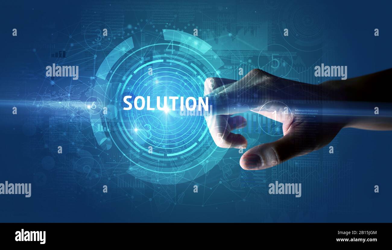 Hand touching SOLUTION button, modern business technology concept Stock ...