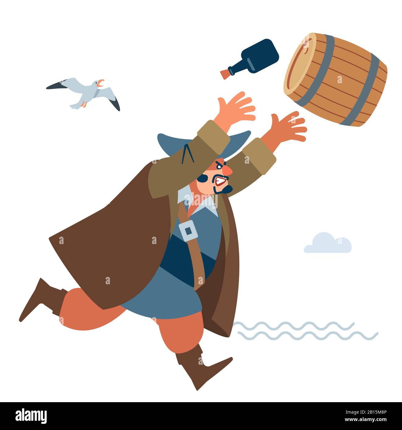Angry big pirate throws the enemy a barrel of water. The character of ...
